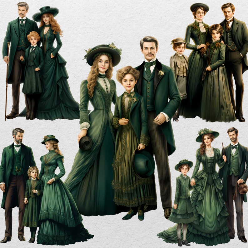 Green Victorian Family Clipart Watercolor Vintage Ladies Fashion Art ...