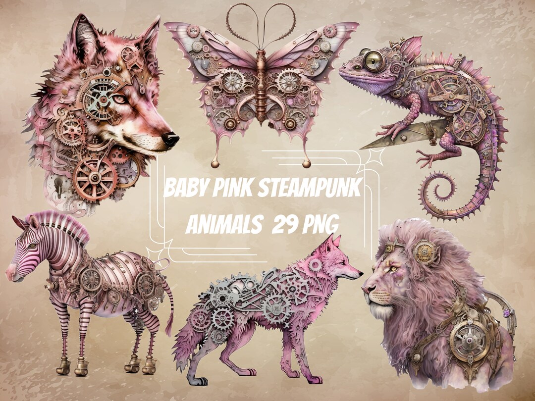 Romantic Steampunk Animals Clipart Watercolor Pink Retro Art - Etsy