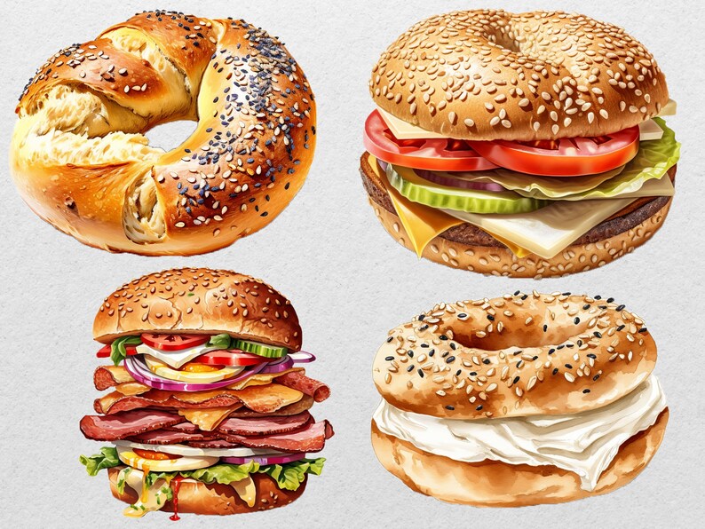 Bagels Watercolor Clipart Food Graphics Breakfast Art - Etsy