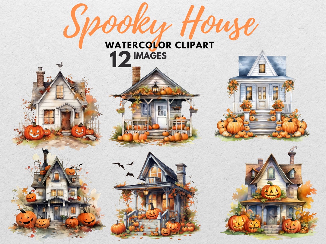 Halloween House Clipart Watercolor Fall Spooky Design Cute Pumpkin ...