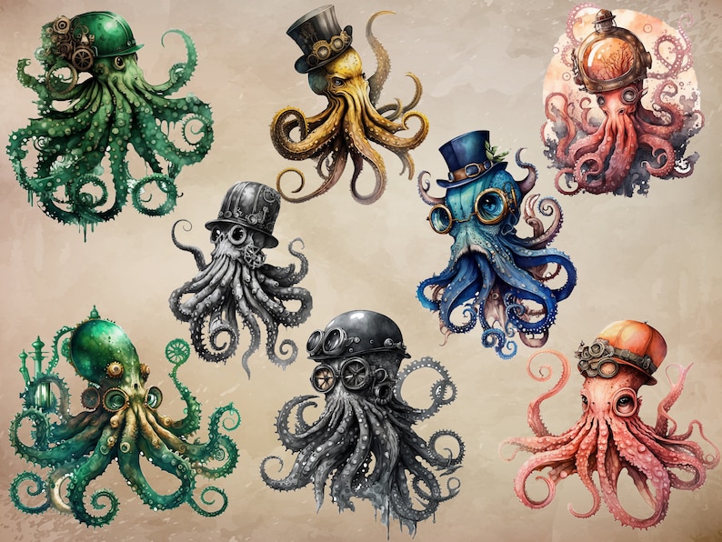 Steampunk Octopus Clipart Watercolor Retro Art Victorian Illustrations ...