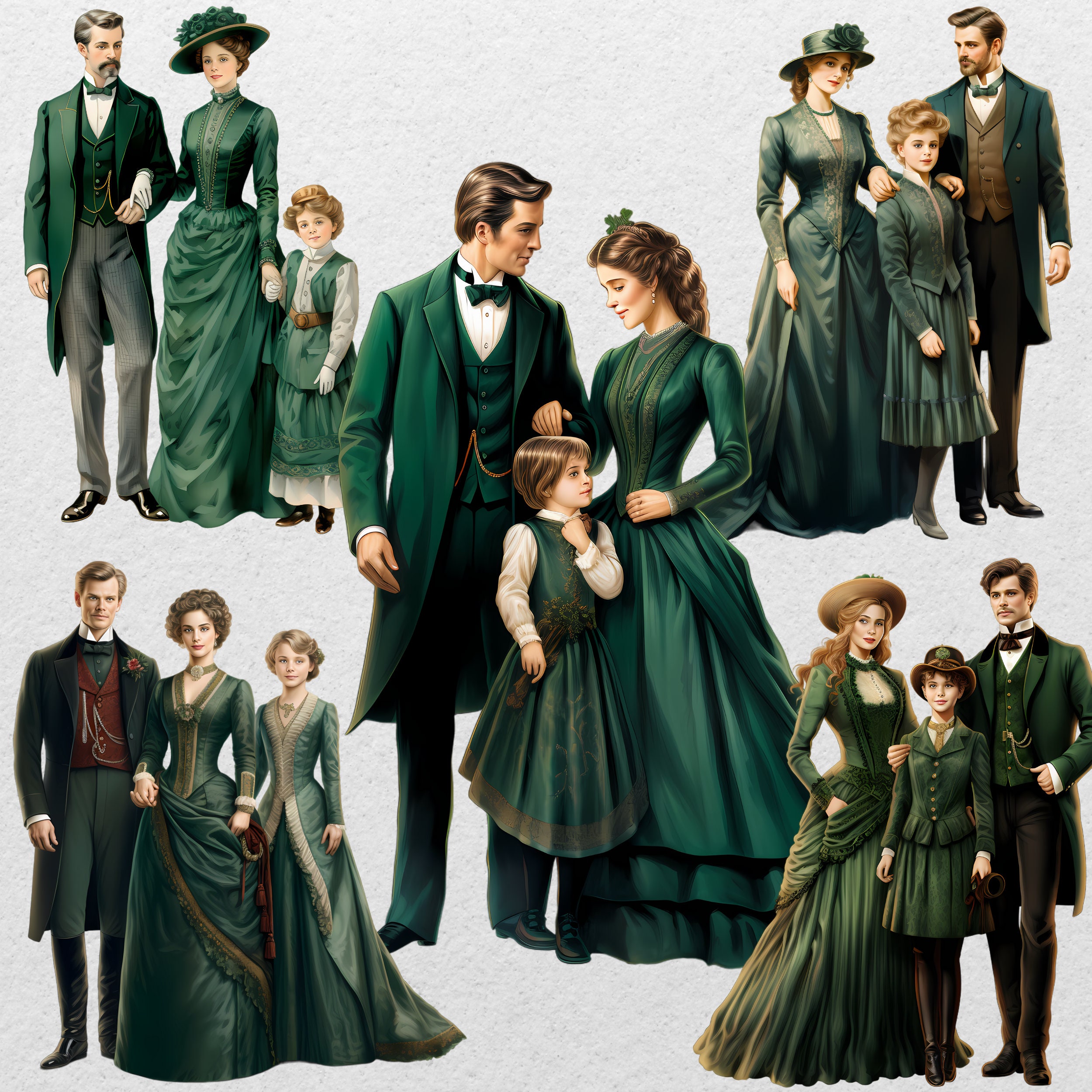 Green Victorian Family Clipart Watercolor Vintage Ladies Fashion Art ...