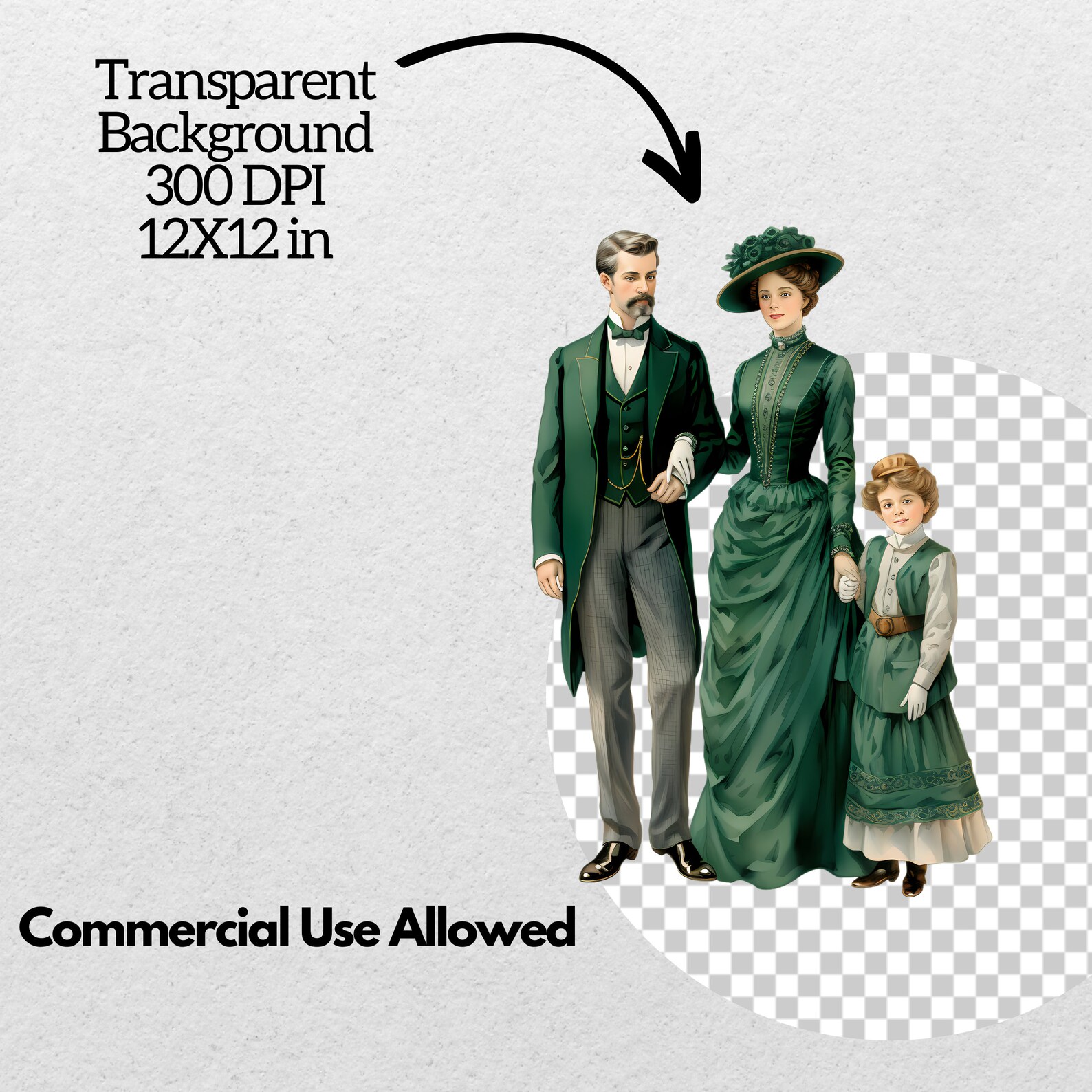 Green Victorian Family Clipart Watercolor Vintage Ladies Fashion Art ...