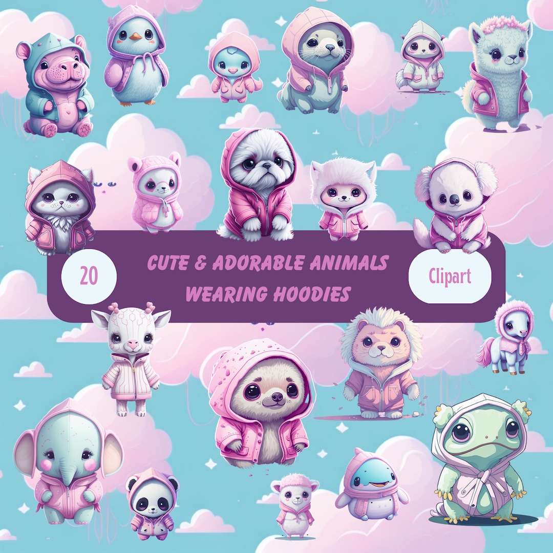 20 Baby Animal Clipart Bundle, Cute Animals in Hoodies Clipart, Nursery ...