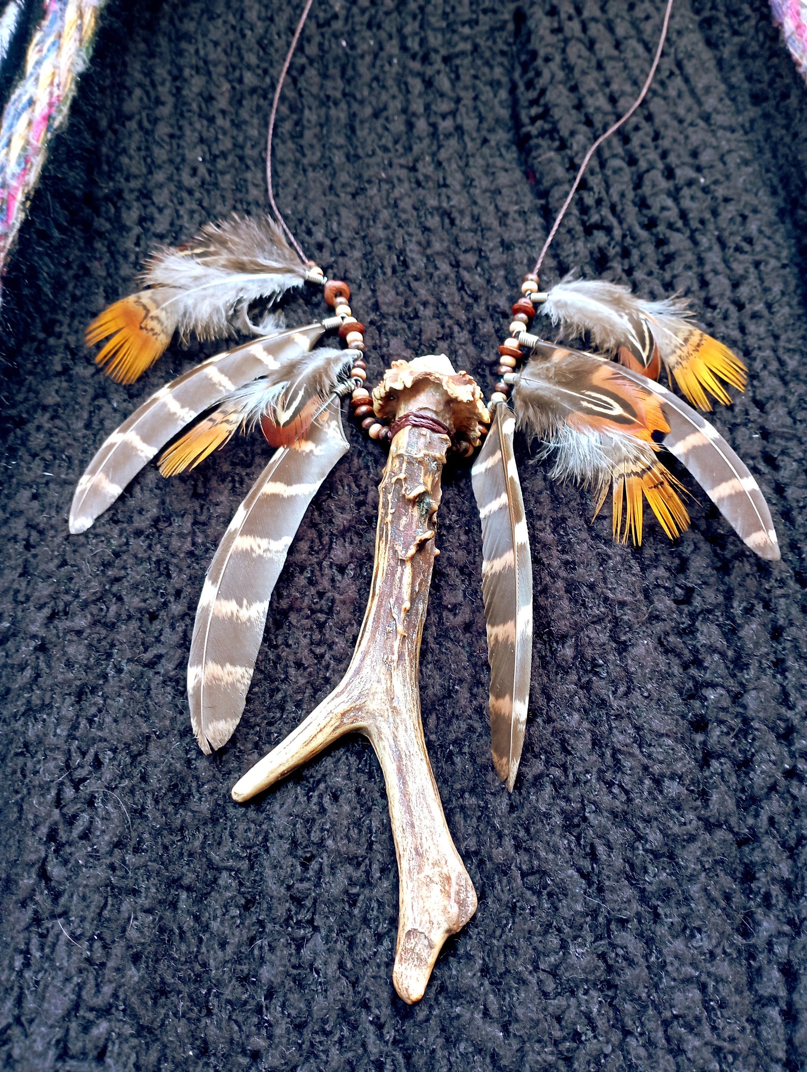 Necklace Shaman Amulet Talisman Deer Antlers Pheasant Brown Orange ...