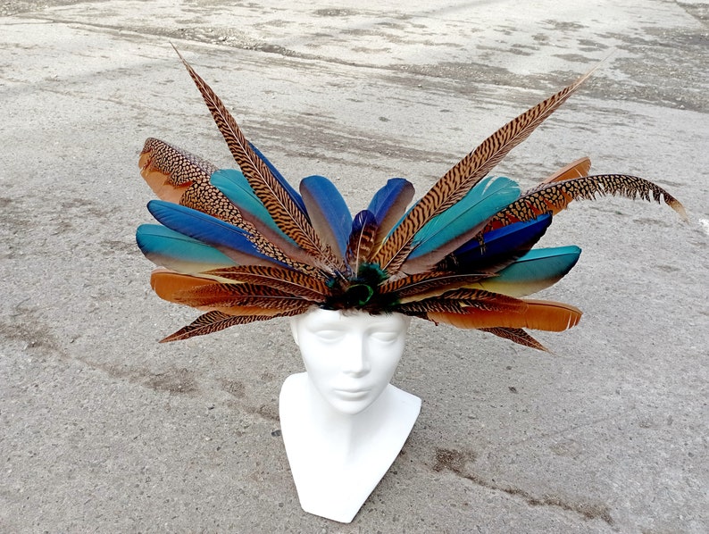 Shaman Crown Feather Headpiece Headdress Hippie Pheasant Macaw Blue ...