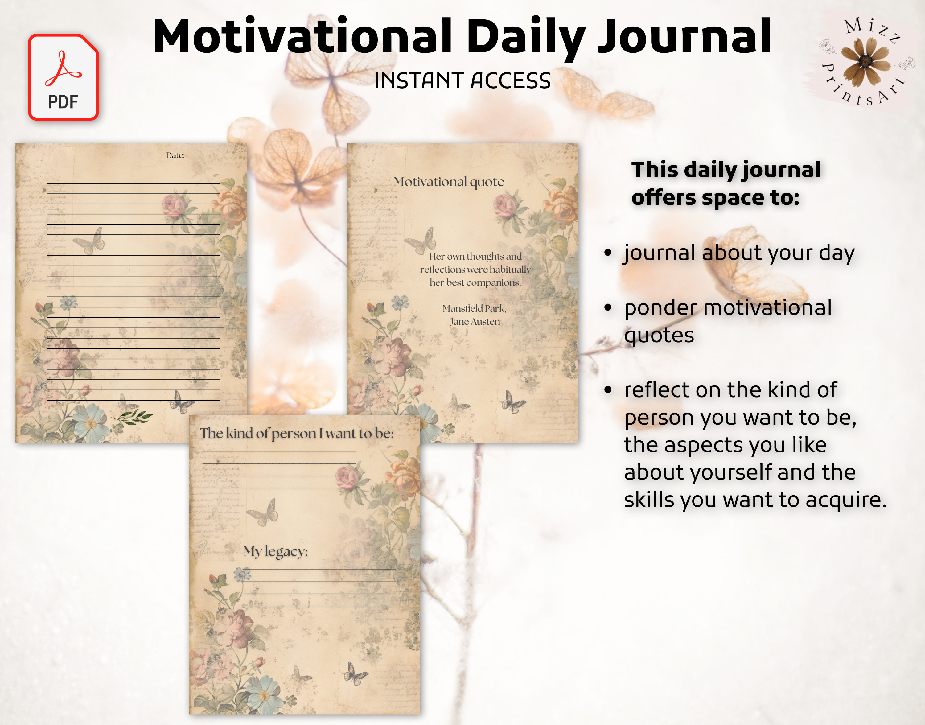 Printable Daily Journal Motivational Journal Inspirational Journal ...