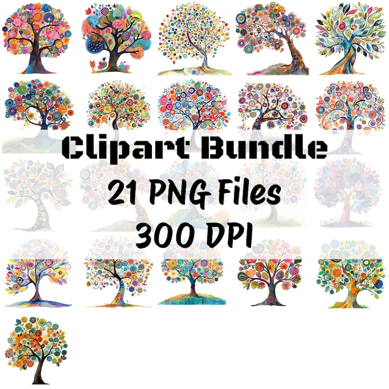 Quirky, Vibrant Tree Clipart Bundle, Colorful Artistic Tree PNG ...