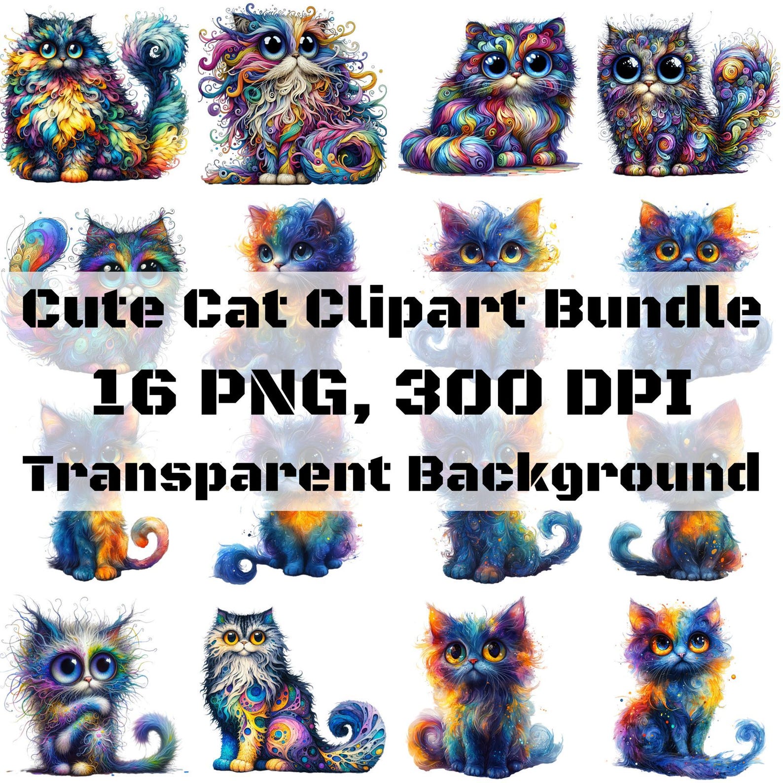 Funny Watercolor Cat Clipart: Quirky Kitten Designs (PNG Digital ...