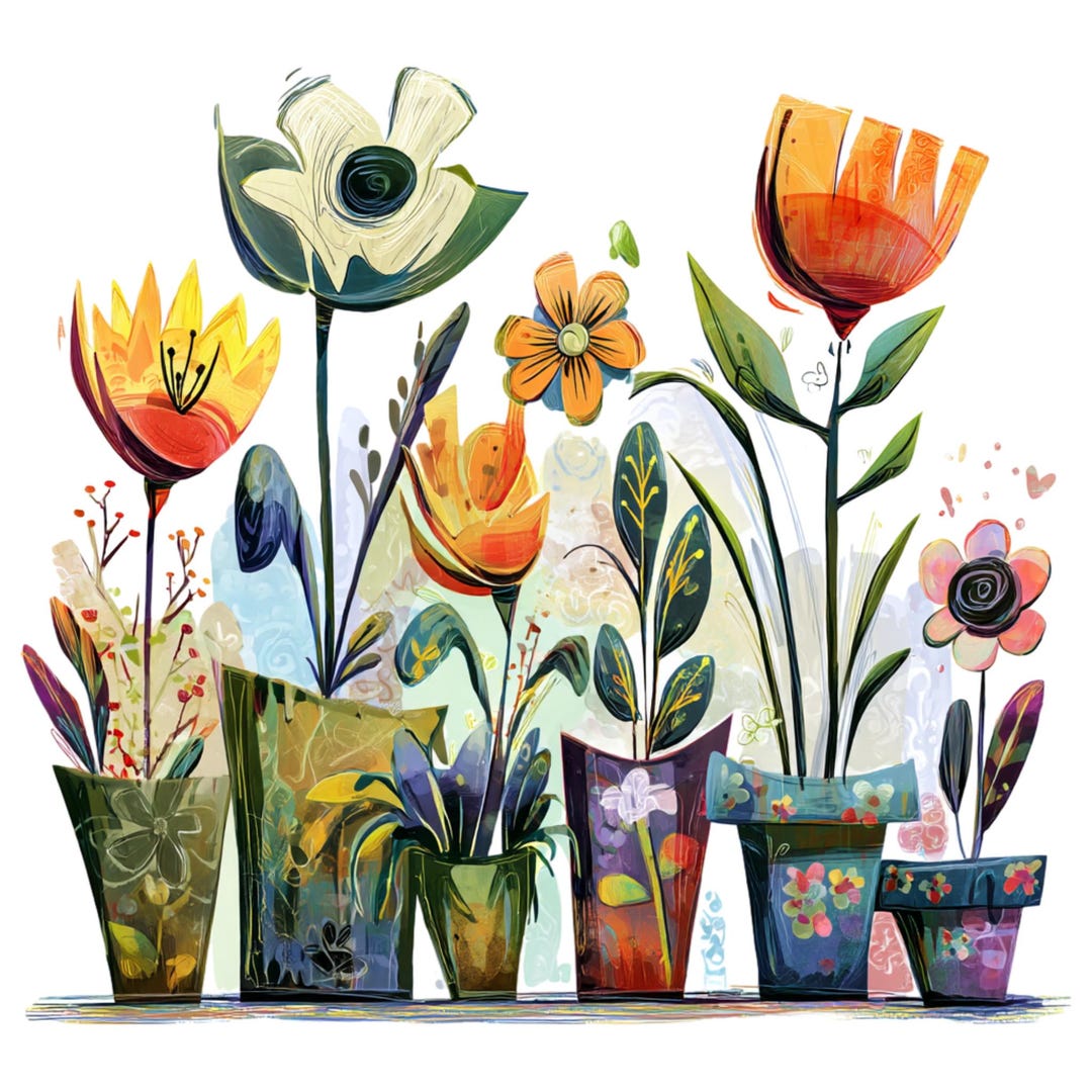 Whimsical Flower Pot Clipart Bundle: Colorful Floral PNG Graphics ...