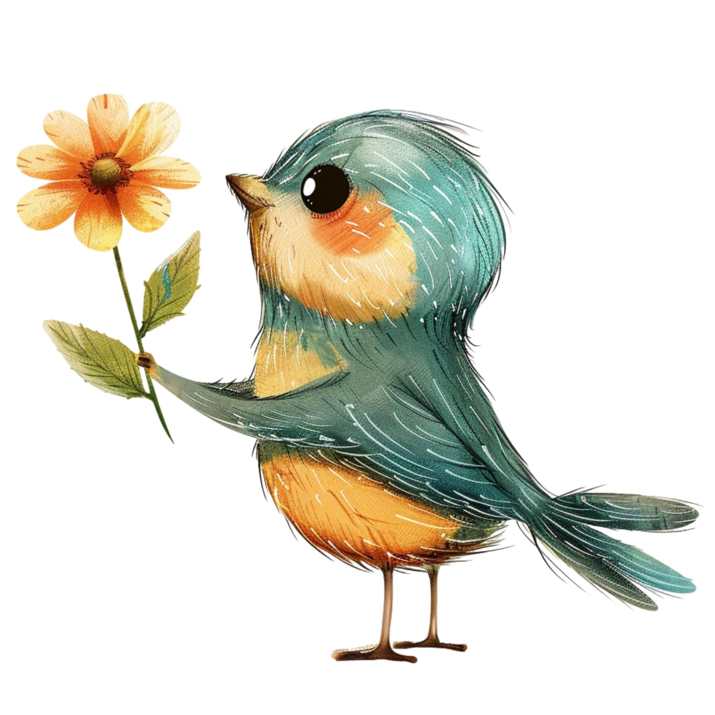 Cute Colorful Bird Holding a Flower Clipart Bundle (set of 19 ...