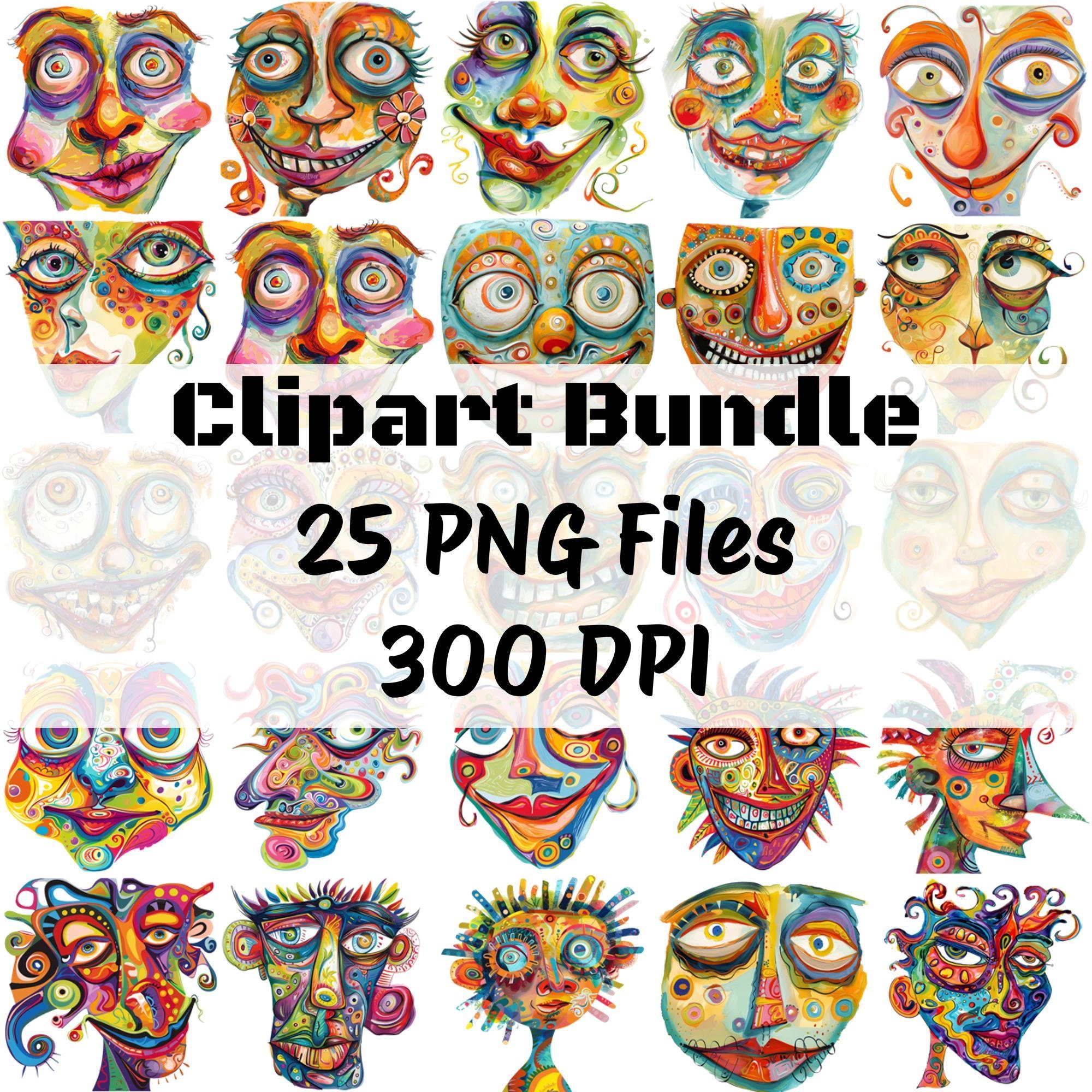Colorful Abstract Face Clipart Pack of 25 PNG Files, Instant Download ...