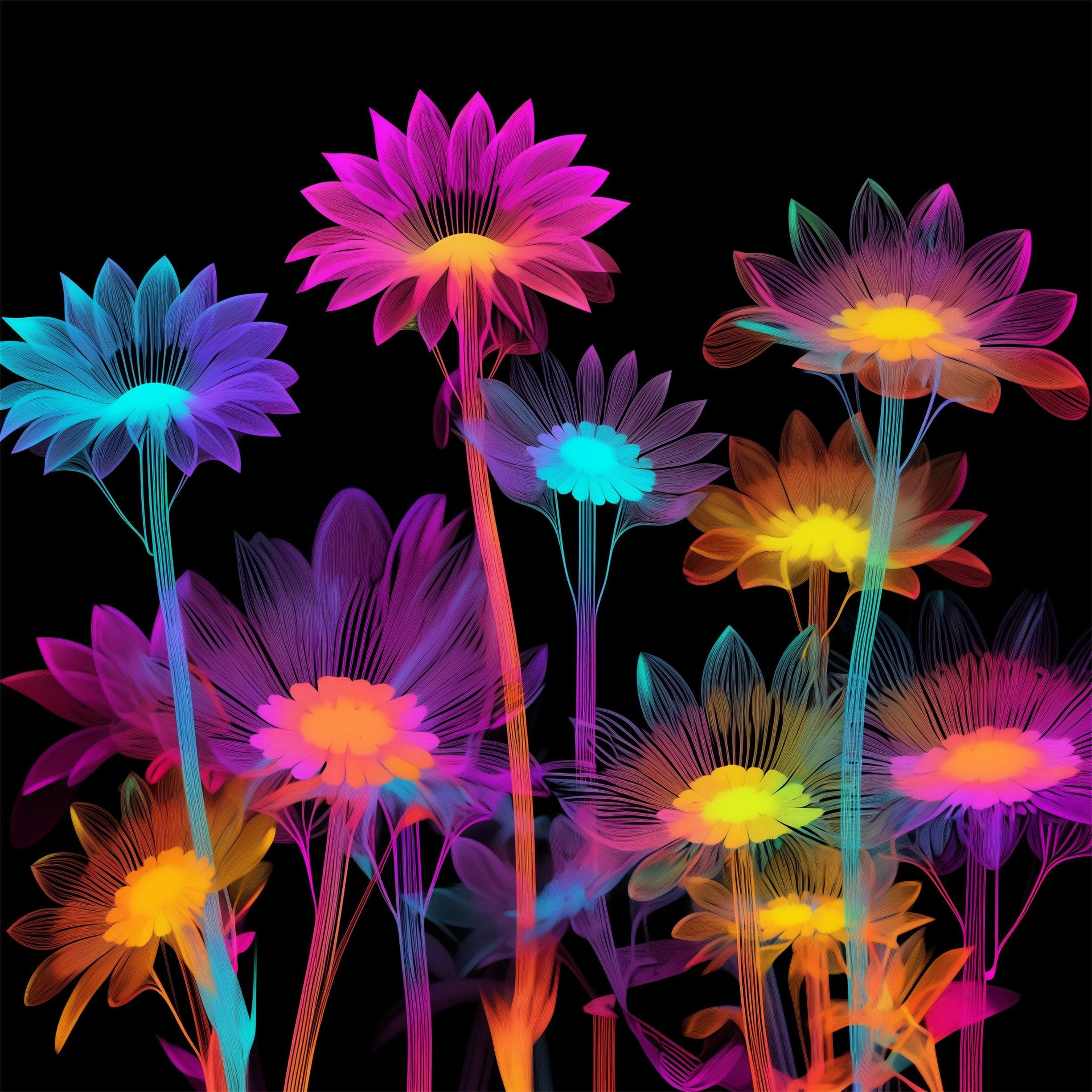 Vibrant Neon Flower Clipart Bundle on Black Background, Instant ...