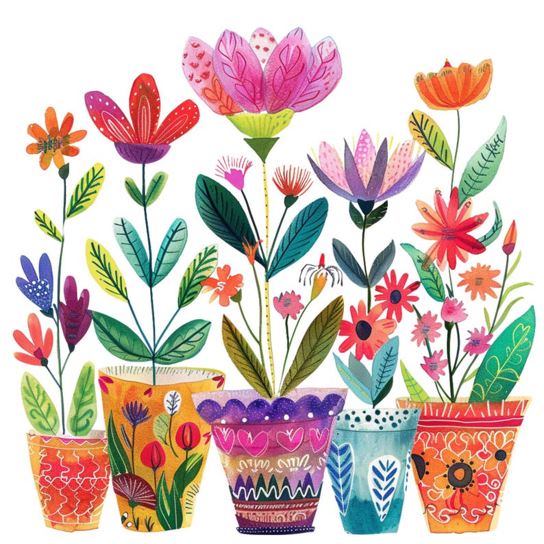 25 Quirky Whimsical Flower Pots Clipart Bundle, Transparent PNG, for ...