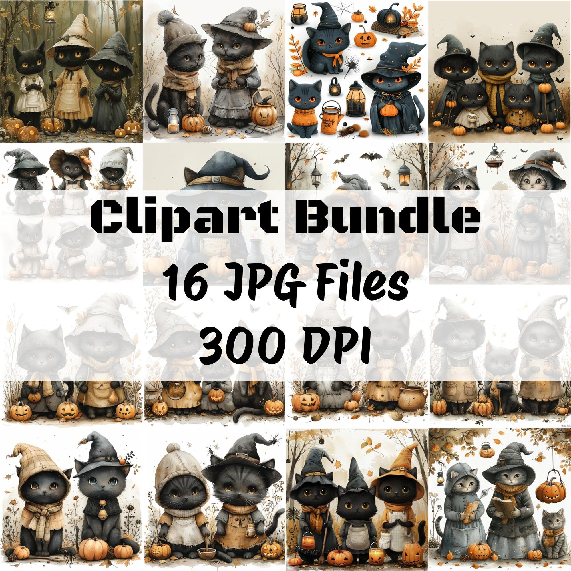Spooky Cottage Core Halloween Clipart Bundle Vintage Cats, Pumpkins ...