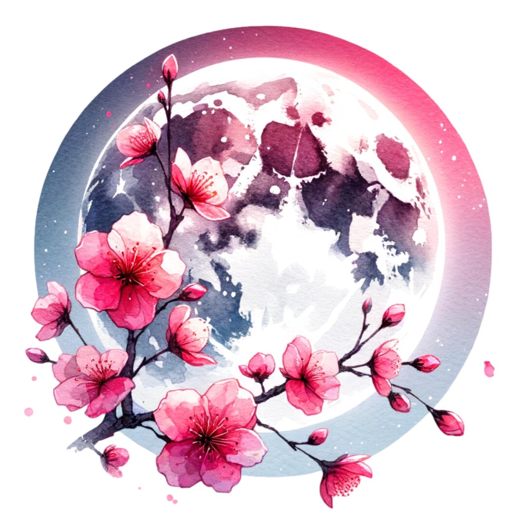 Cherry Blossom Moon Clipart Set: Spring Floral PNG Bundle (digital ...