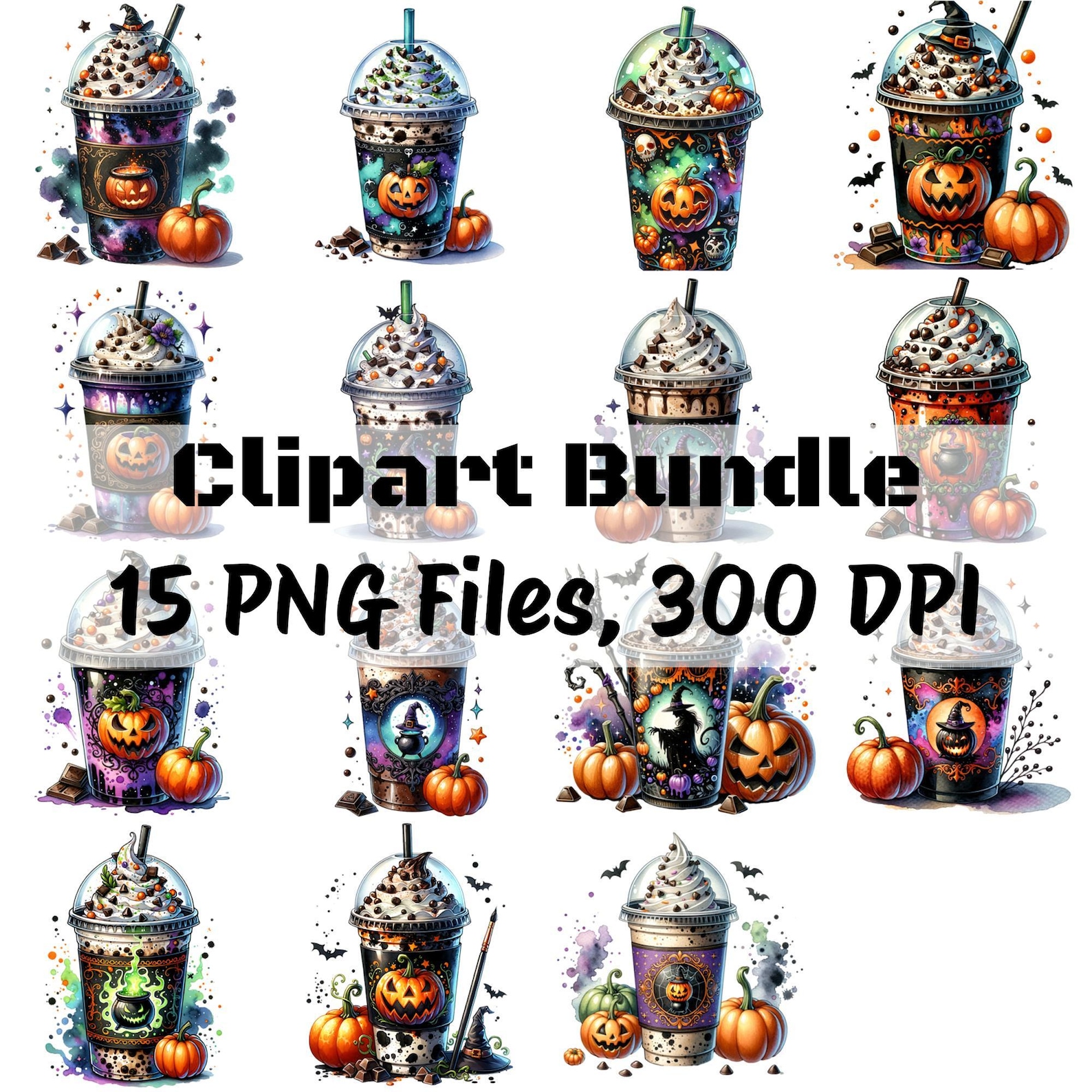 Halloween Coffee Clipart Set: Spooky Watercolor Pumpkin Designs (PNG ...
