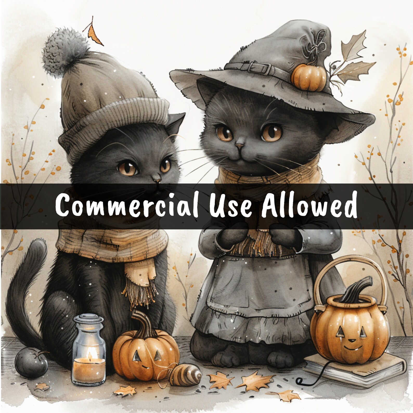 Spooky Cottage Core Halloween Clipart Bundle Vintage Cats, Pumpkins ...