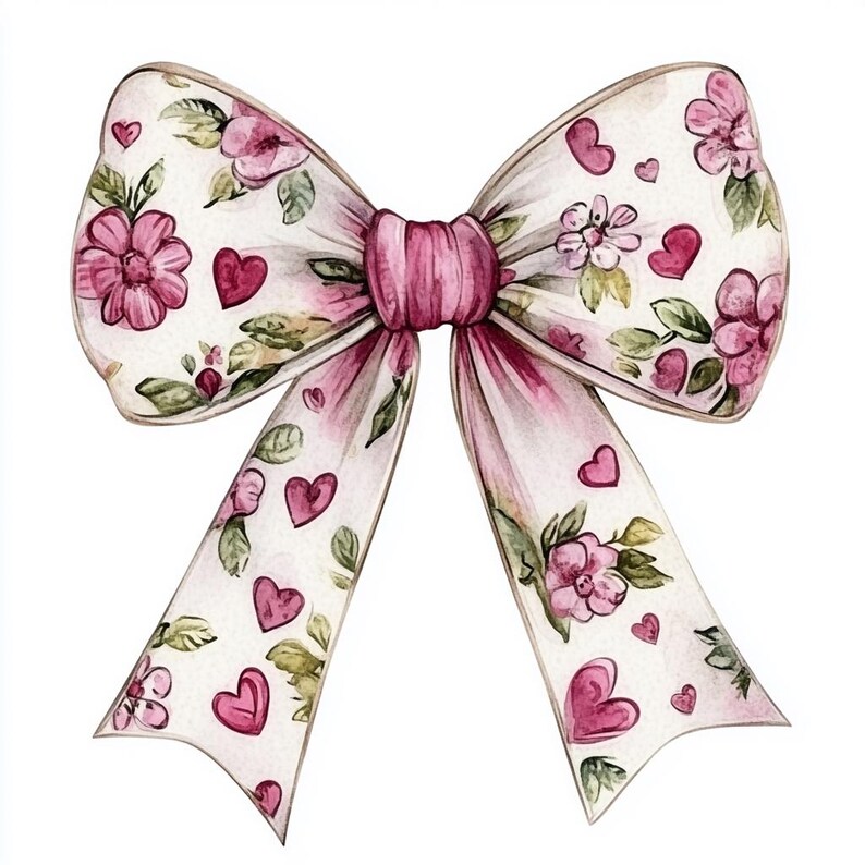 Watercolor Coquette Bow Clipart Bundle, Valentine Floral PNG (digital ...