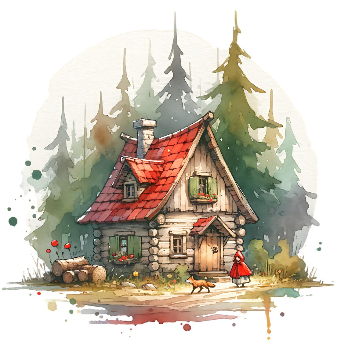 Little Red Riding Hood Watercolor Clipart, Woodland Animals Set, 10 PNG ...