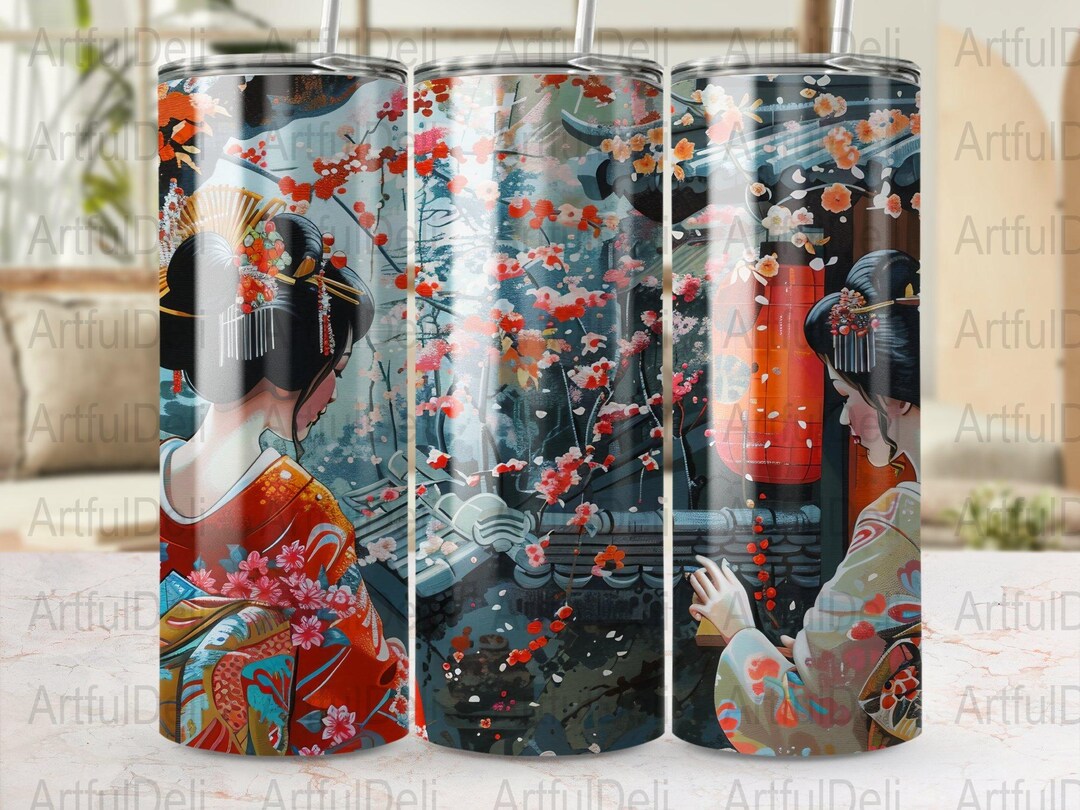 Geisha Tumbler Wrap: Japanese Floral Design (20oz PNG Digital Download ...