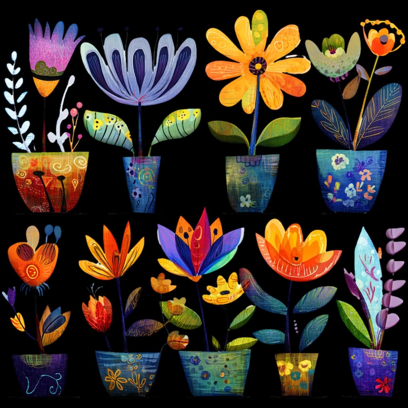 Whimsical Flower Pot Clipart Bundle: Colorful Floral PNG Graphics ...