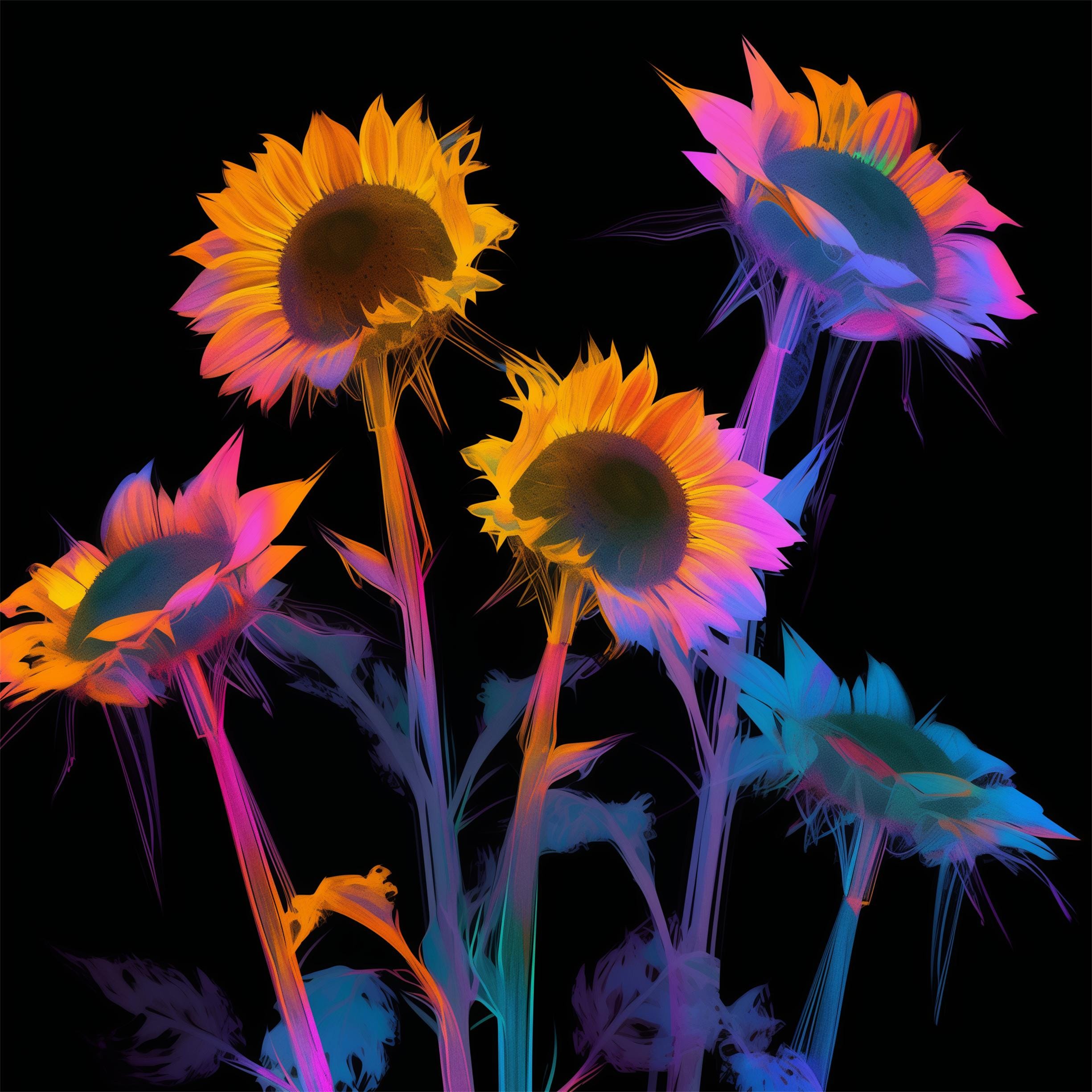 Vibrant Neon Flower Clipart Bundle on Black Background, Instant ...