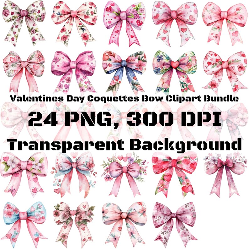 Watercolor Coquette Bow Clipart Bundle, Valentine Floral PNG (digital ...