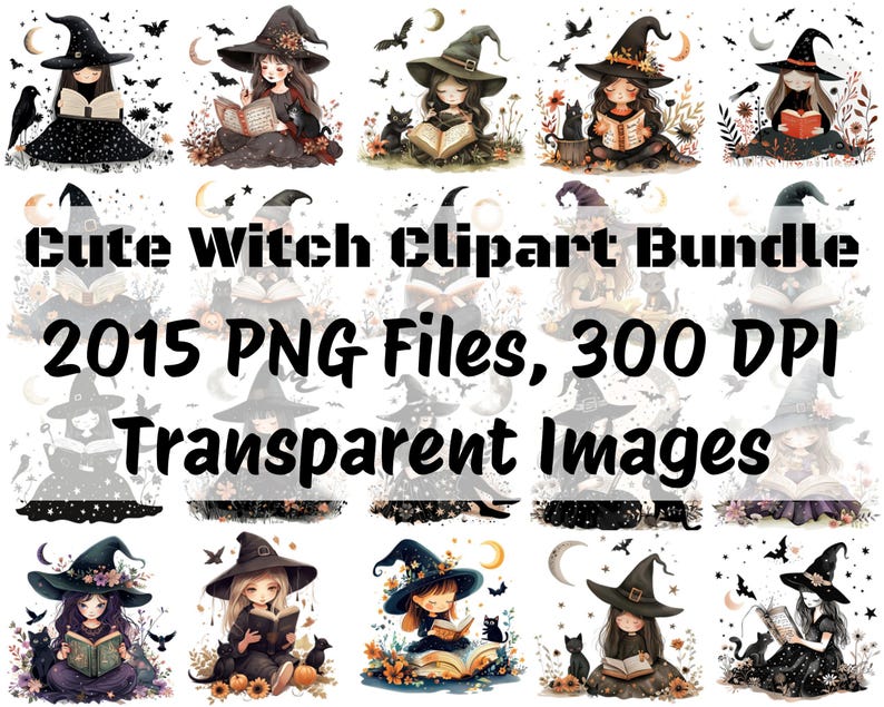 20 Whimsical Cute Witch Clipart Bundle for Sublimation Instant Download ...