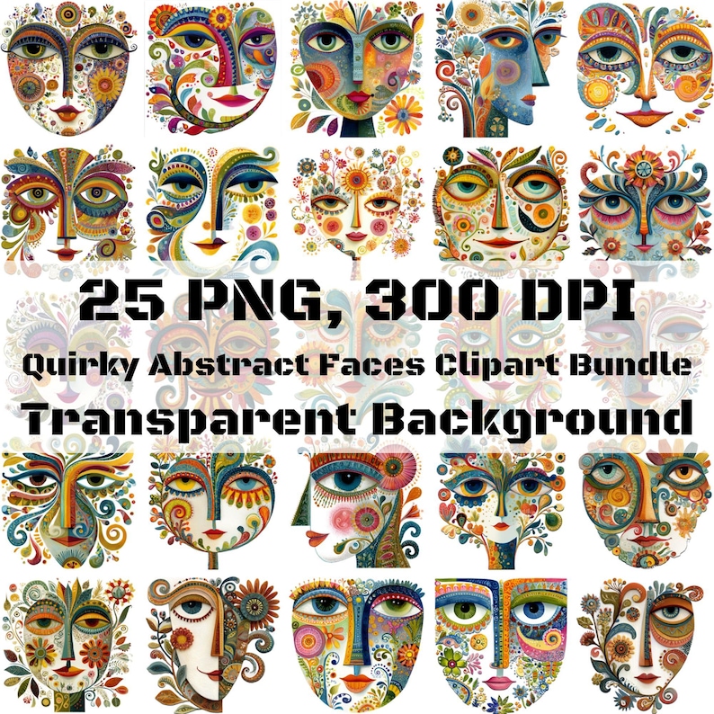 Abstract Faces Clipart Bundle: Colorful Whimsical PNG Images (digital ...