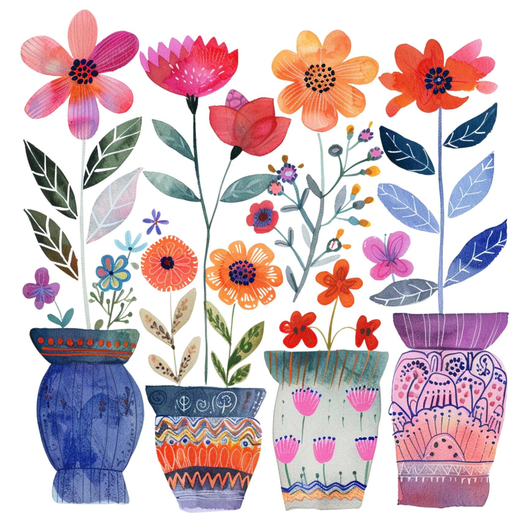 25 Quirky Whimsical Flower Pots Clipart Bundle, Transparent PNG, for ...