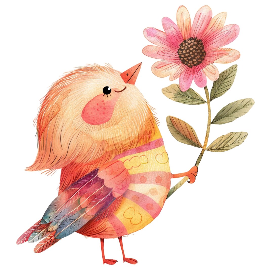 Cute Colorful Bird Holding a Flower Clipart Bundle (set of 19 ...