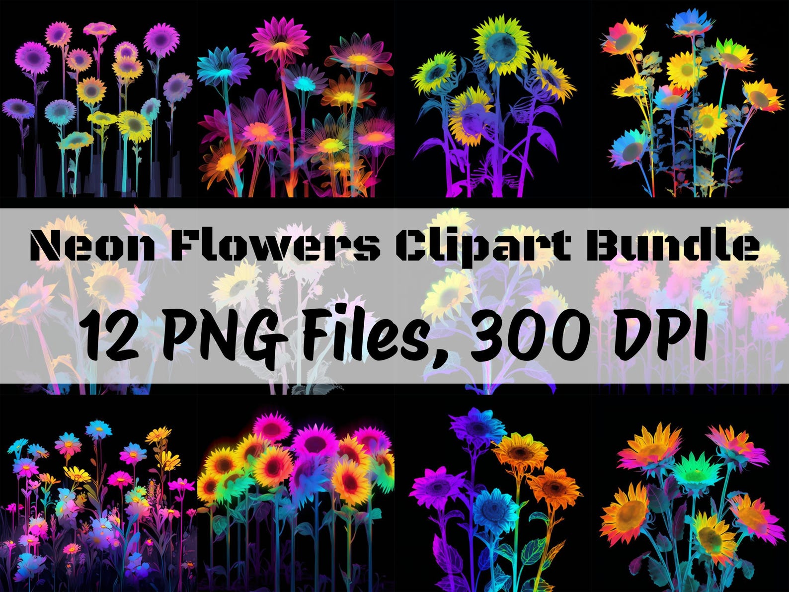 Vibrant Neon Flower Clipart Bundle on Black Background, Instant ...