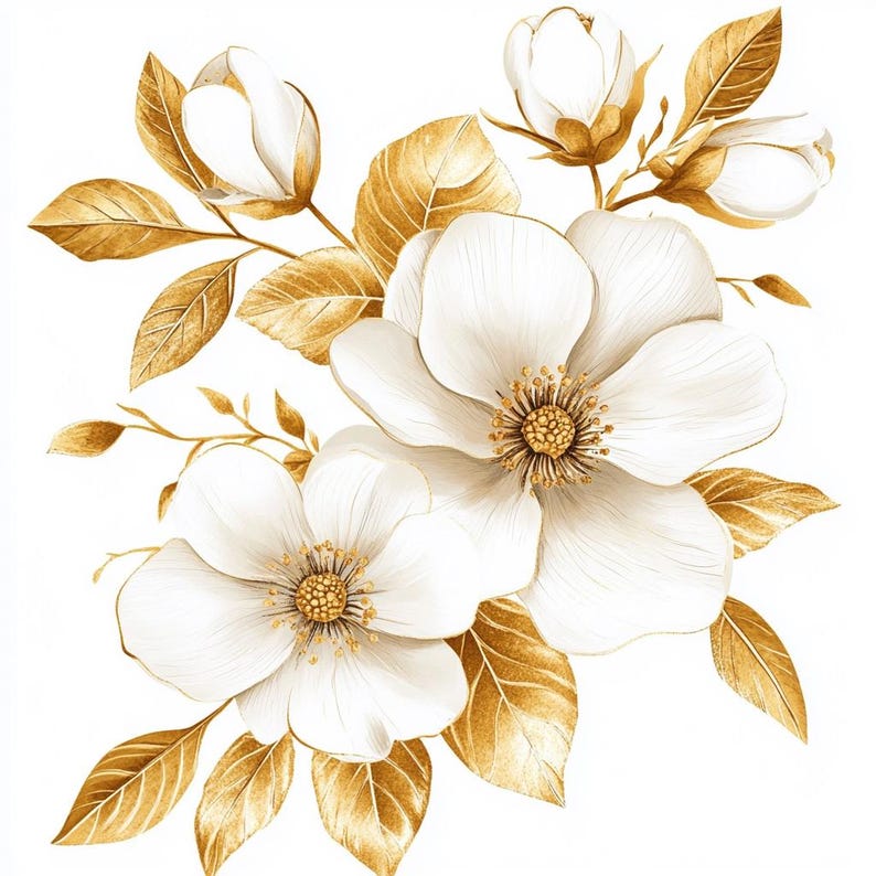 Metallic Gold Magnolia Clipart Bundle, 15 Luxurious Floral PNG ...