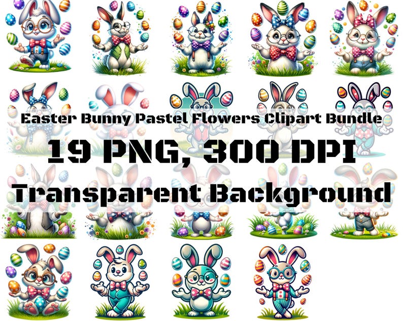 19 Playful Easter Rabbit Clipart Bundle, Colorful Quirky Rabbits ...