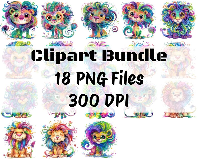 Cute Cartoon Lion Clipart Bundle | Adorable Rainbow Lion Digital Art ...