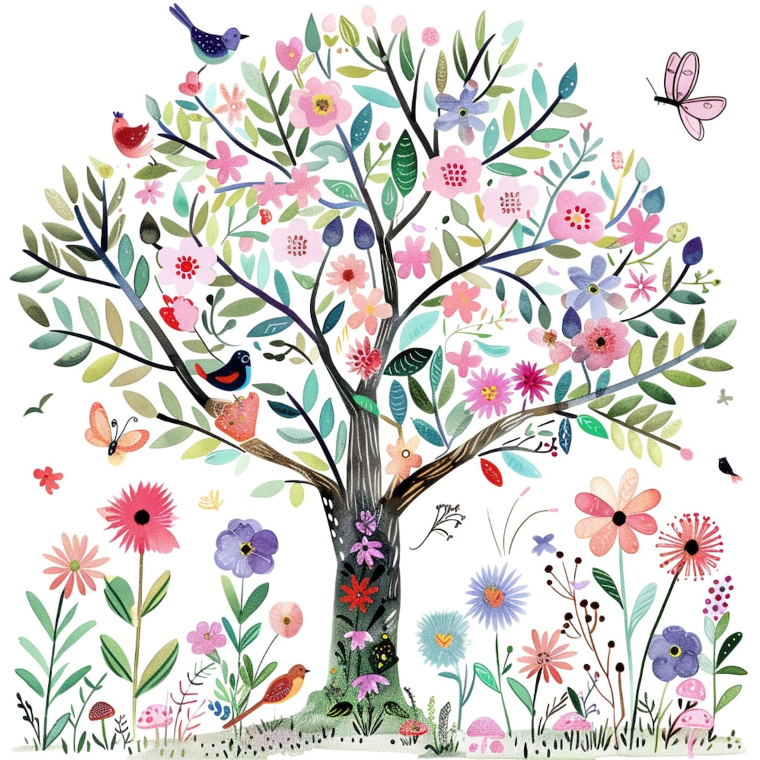 10 Whimsical Spring Tree Clipart Bundle With Colorful Flowers ...