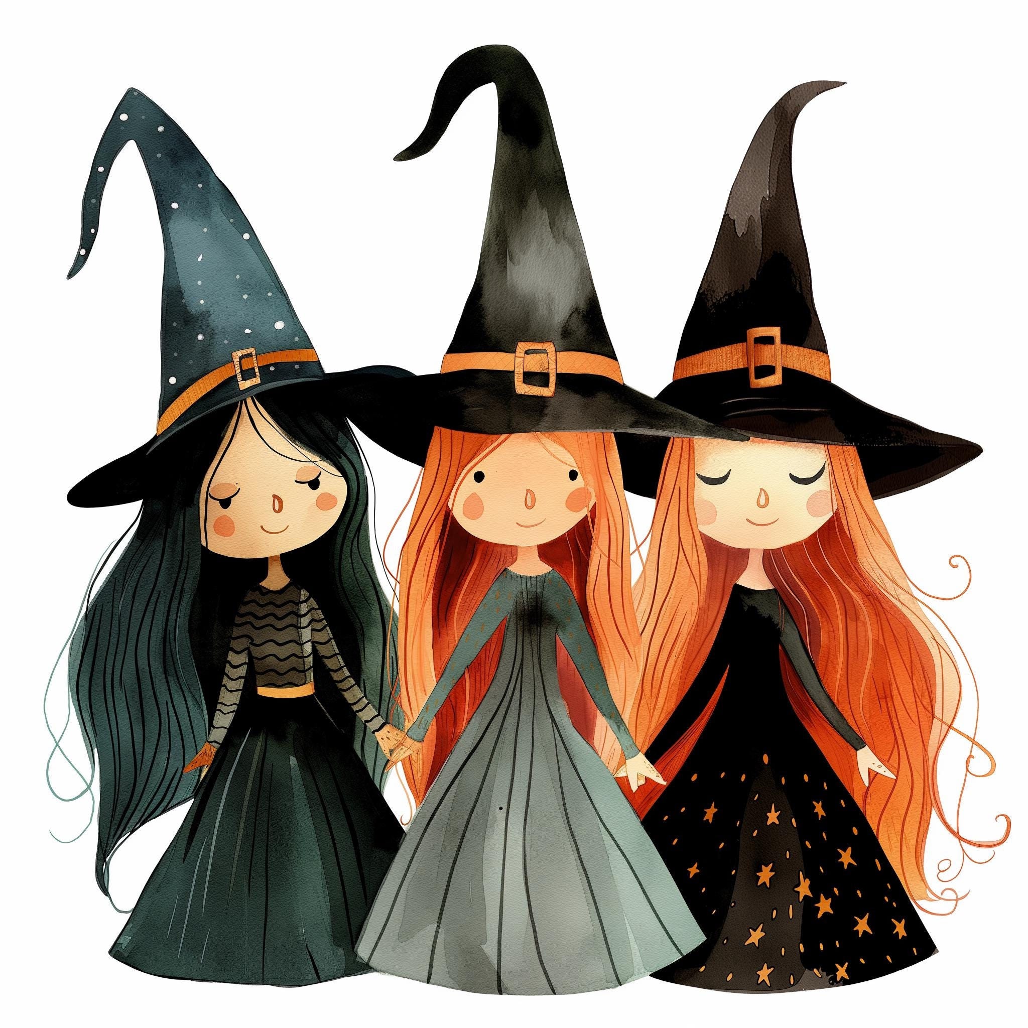 Halloween Witch Clipart Set, Three Cute Witches, Transparent PNG ...