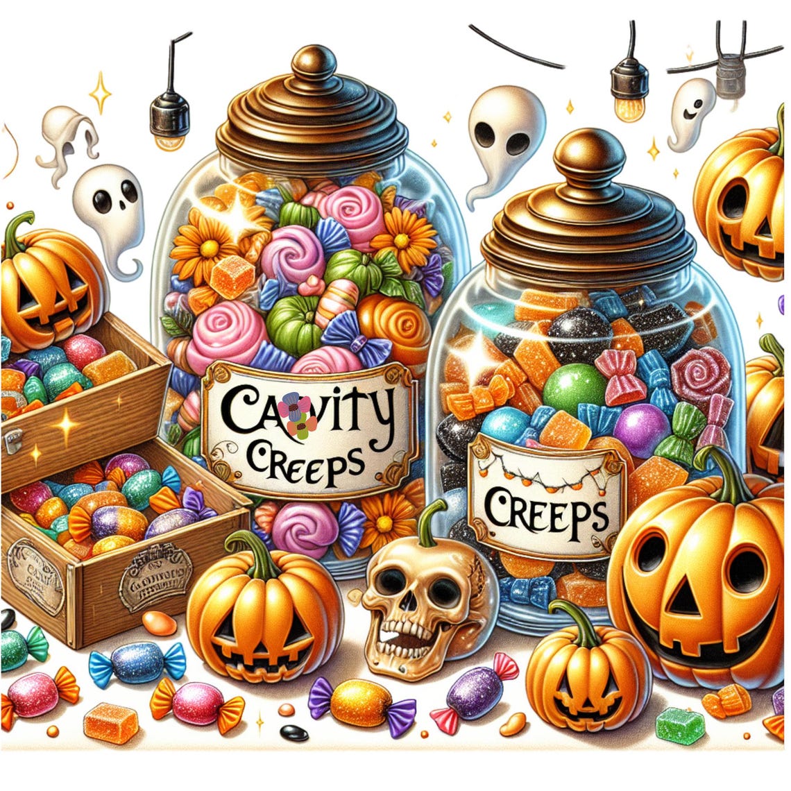 Cavity Creeps Vintage Halloween Candy Jar Clipart, Cartoon Pumpkins ...