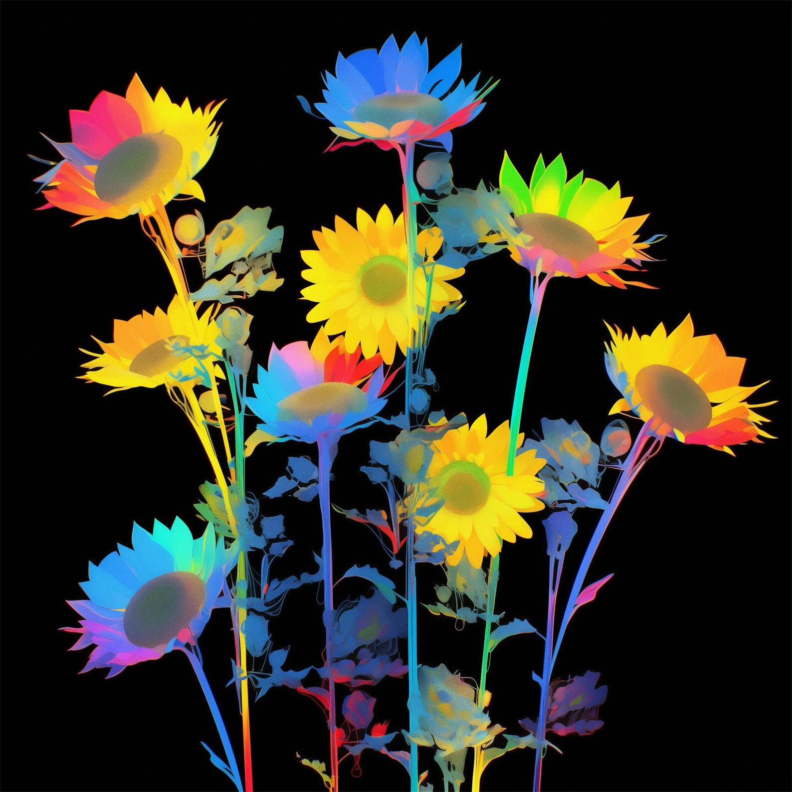 Vibrant Neon Flower Clipart Bundle on Black Background, Instant ...
