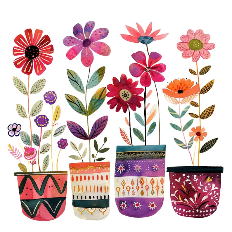 25 Quirky Whimsical Flower Pots Clipart Bundle, Transparent PNG, for ...