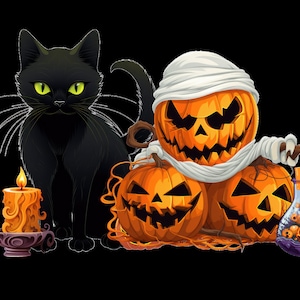 Halloween Clipart, Black Cat and Pumpkins, Card Making PNG (digital ...