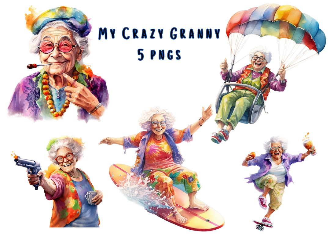 5 X Watercolor My Crazy Granny Bundle Design PNG Transparent ...