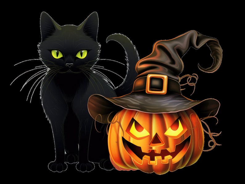 Black Cat Pumpkin Witches Hat, Halloween Clipart, High Quality Pngs ...