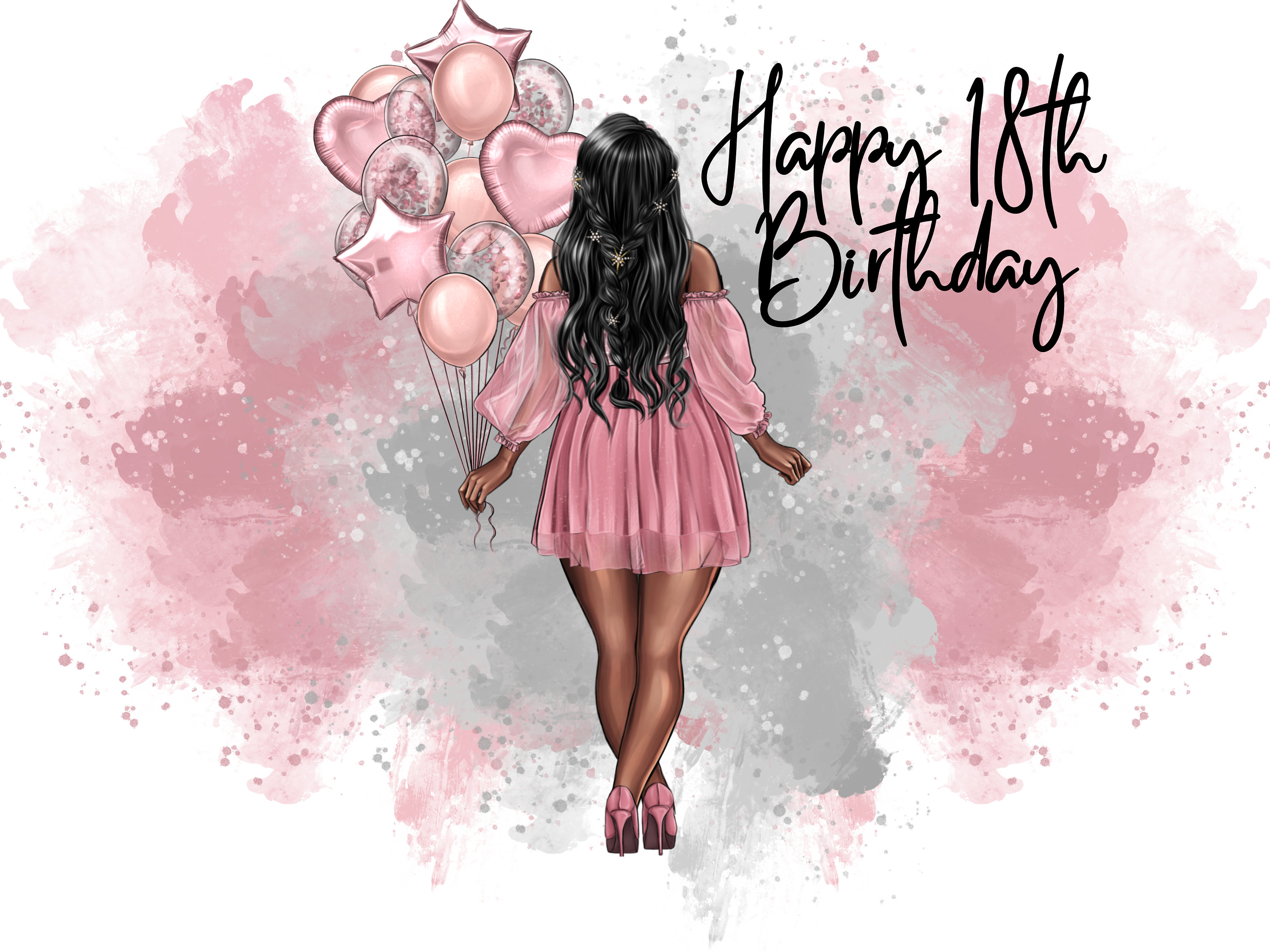 Happy 18th Birthday Curvy Black Hair Pink Dress Pink Balloons Clipart ...