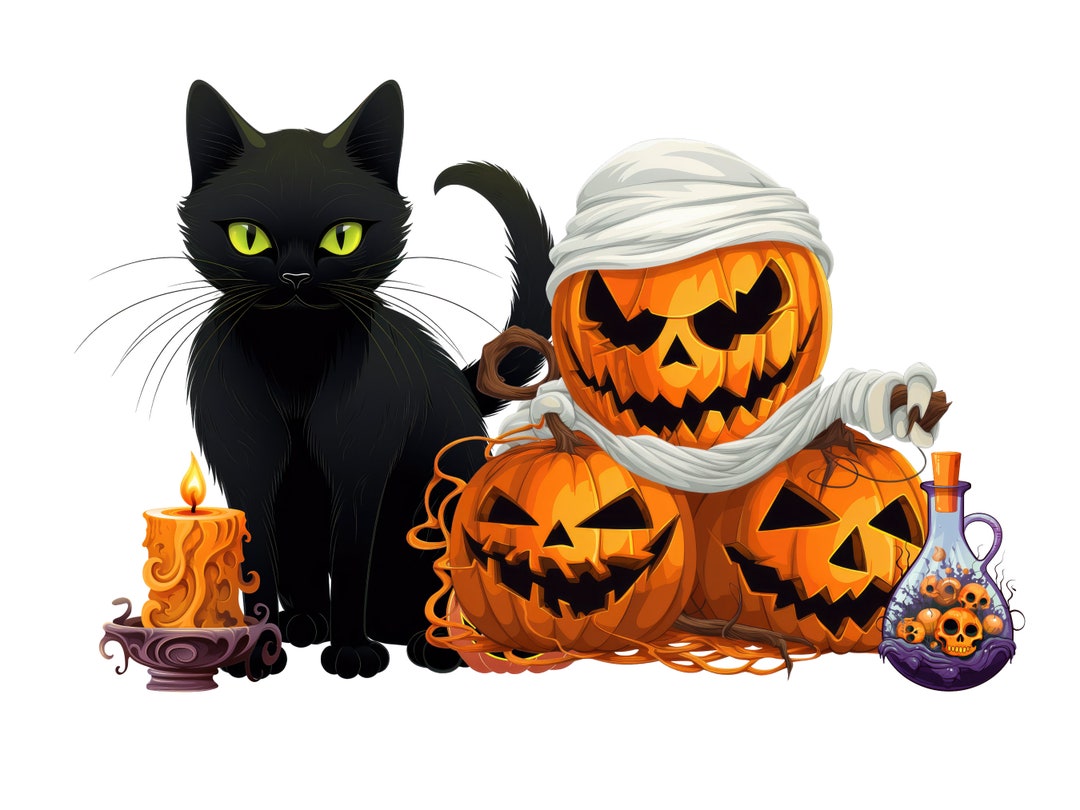 Black Cat and Pumpkins, Halloween Clipart, High Quality Pngs, Digital ...