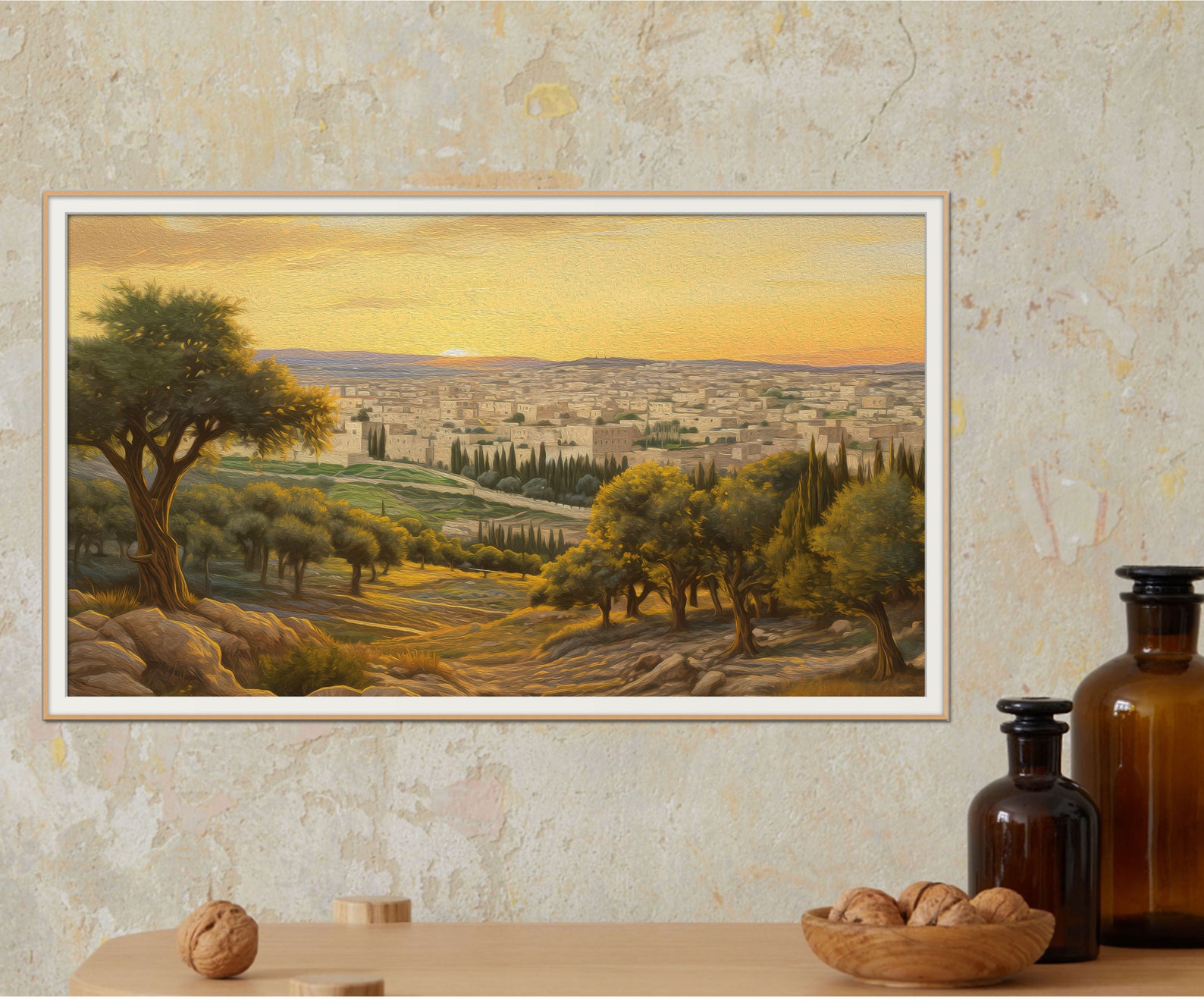 Mount of Olives Oil Painting, Jewish Art, Panoramic Wall Decor, Extra ...