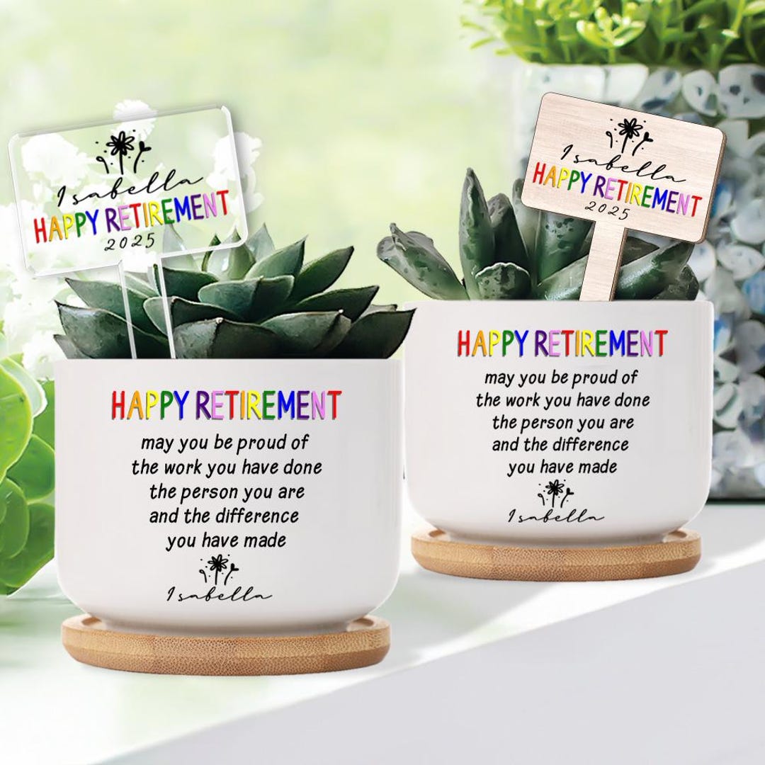 Custom Happy Retirement Plant Pot With Marker, Succulent Plant Pot for ...