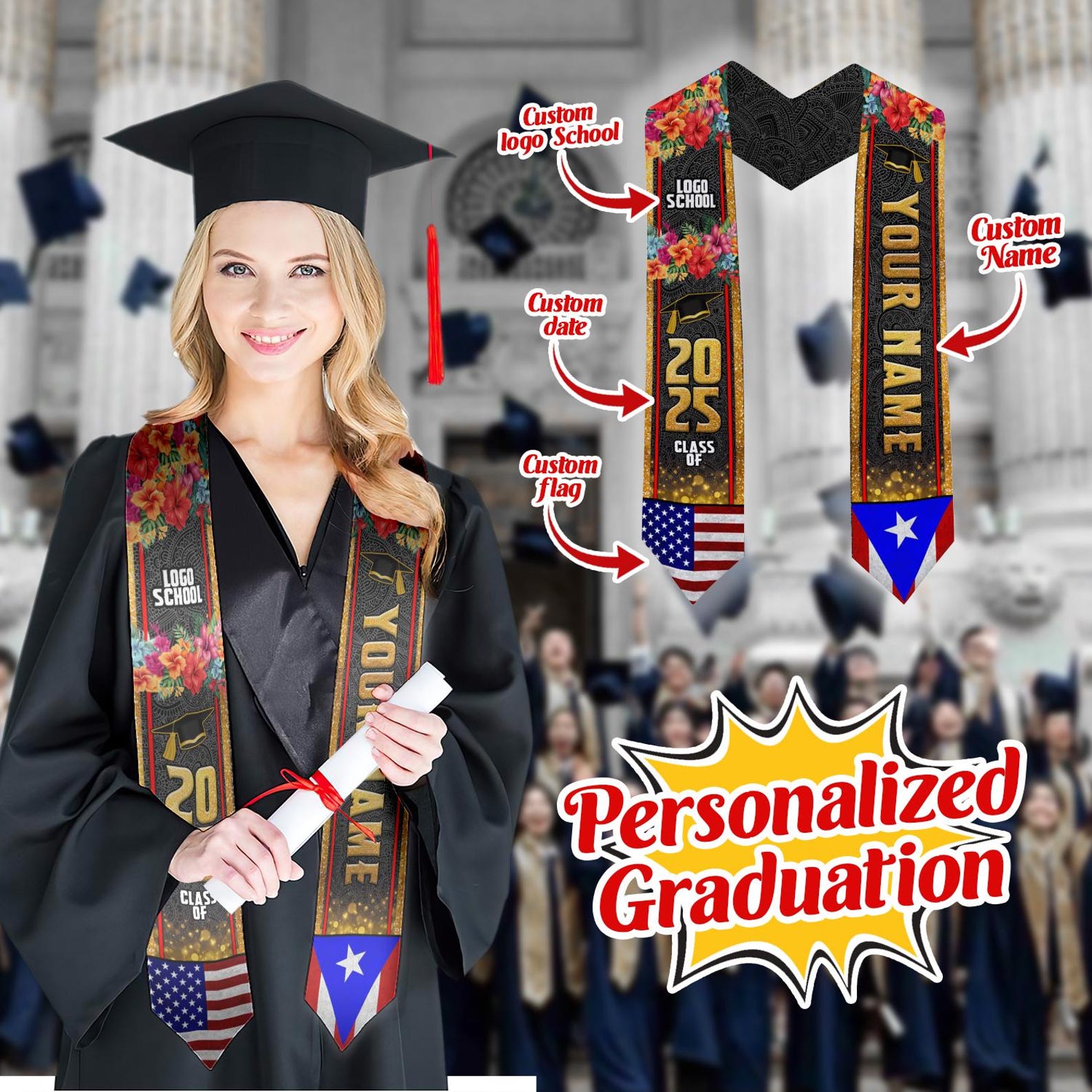 Personalized Puerto Ricans American Flag Graduation Sash 2025, Custom ...
