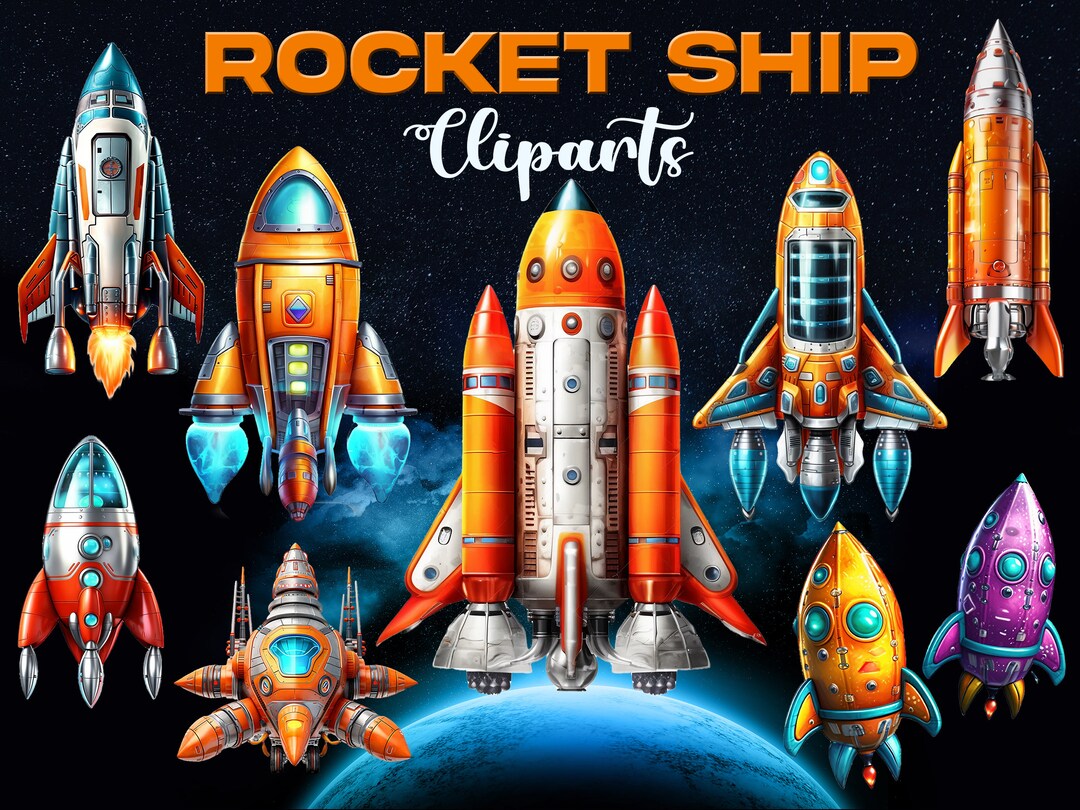 Rocket Ship Clip Art- 30 PNG Images 300dpi - Rocket Ships, Outer Space ...